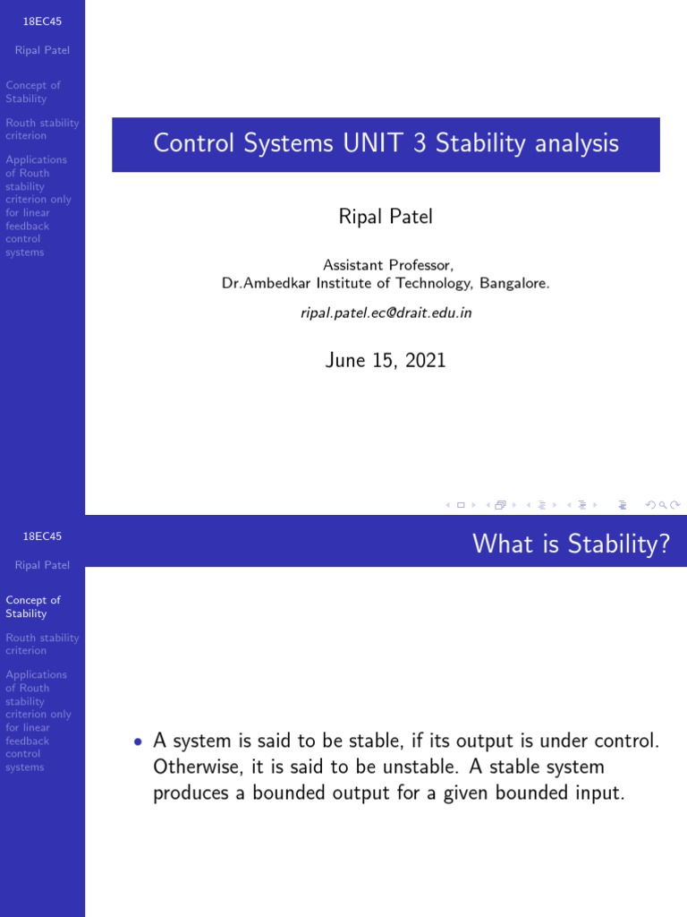 Control Systems UNIT 3 Stability Analysis: Ripal Patel | PDF | Stability Theory | Control Theory