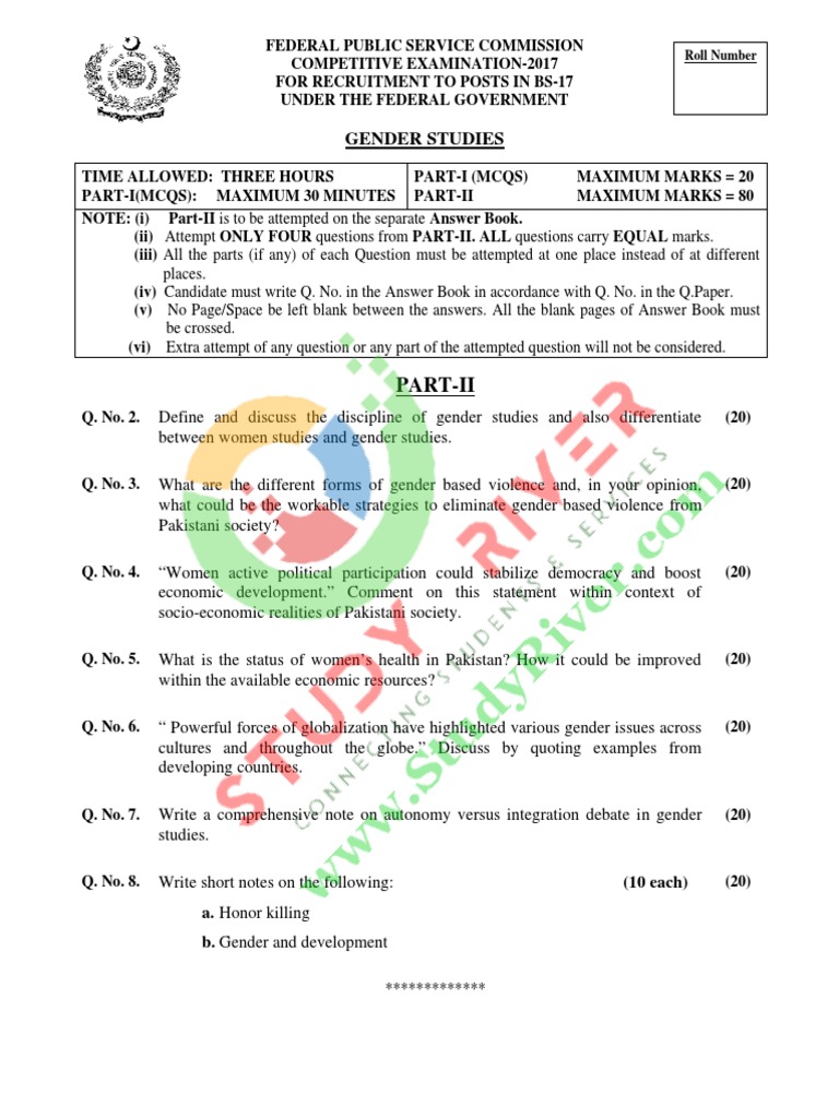 CSS Gender Studies Subjective Past Paper 2017 | PDF | Gender | Gender ...