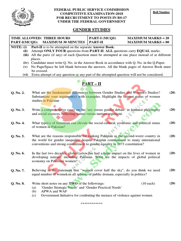 CSS Gender Studies Subjective Past Paper 2018 | PDF | Gender | Gender ...