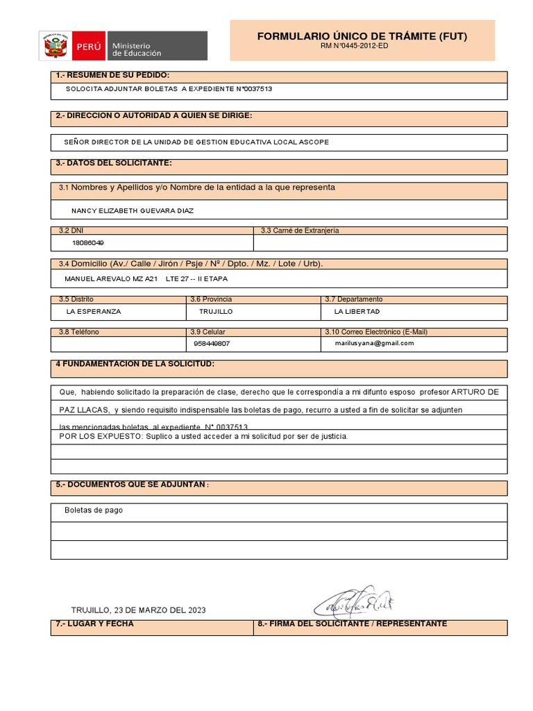 Formulario Único de Trámite (Fut) : Nombres y Apellidos Y/o Nombre de La Entidad A La Que ...
