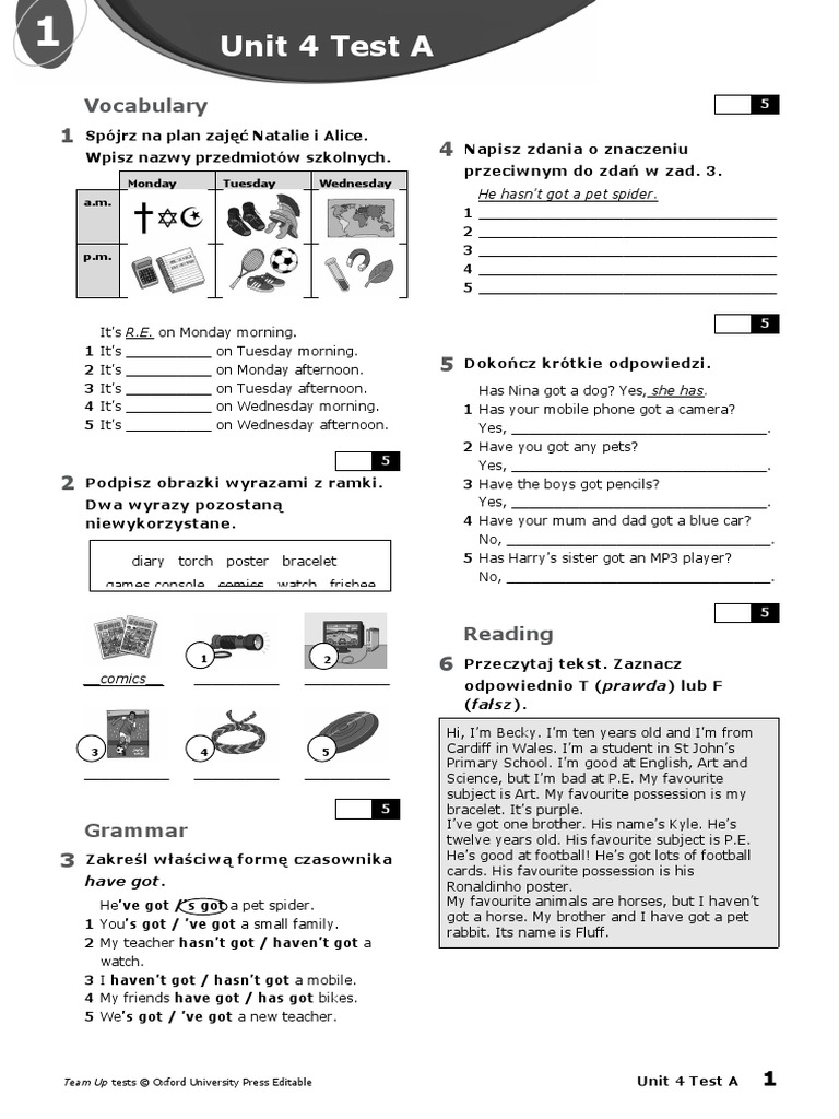 Team Up 1 Unit 4 Tests ABC | PDF
