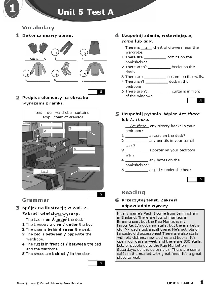 Team Up 1 Unit 5 Tests ABC | PDF | Clothing | Consumer Goods