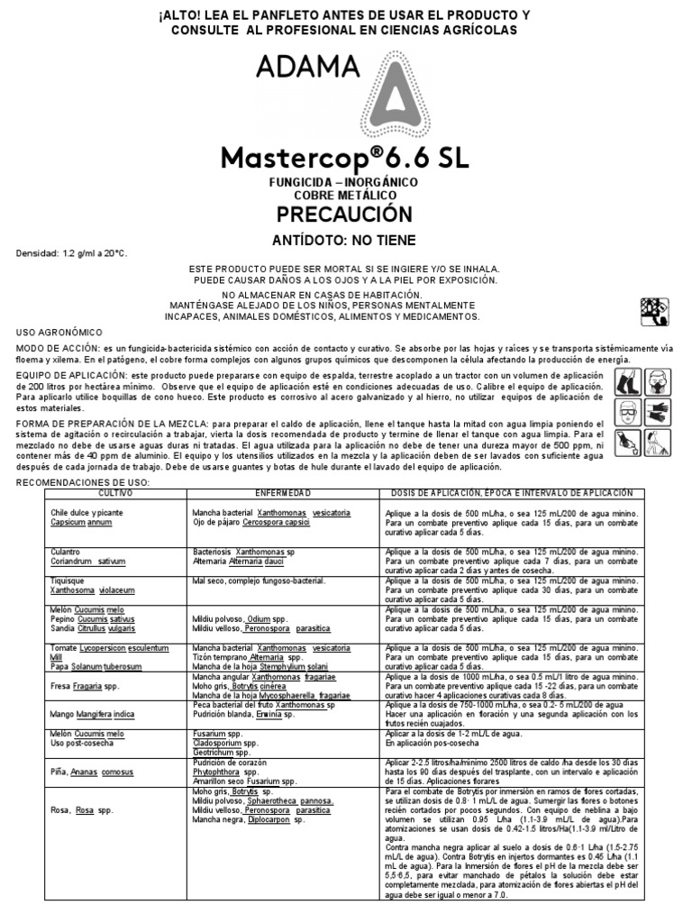 Uso Seguro y Aplicación de Mastercop®6.6 | PDF | Agua | Residuos