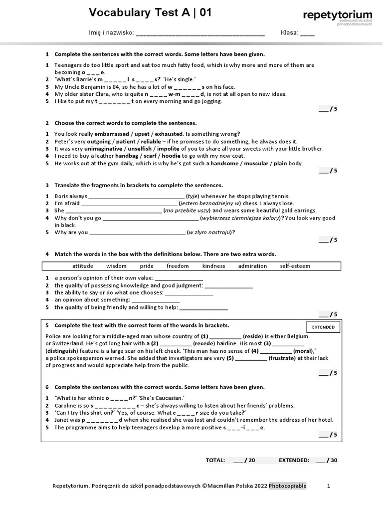 Vocabulary Test 1A | PDF