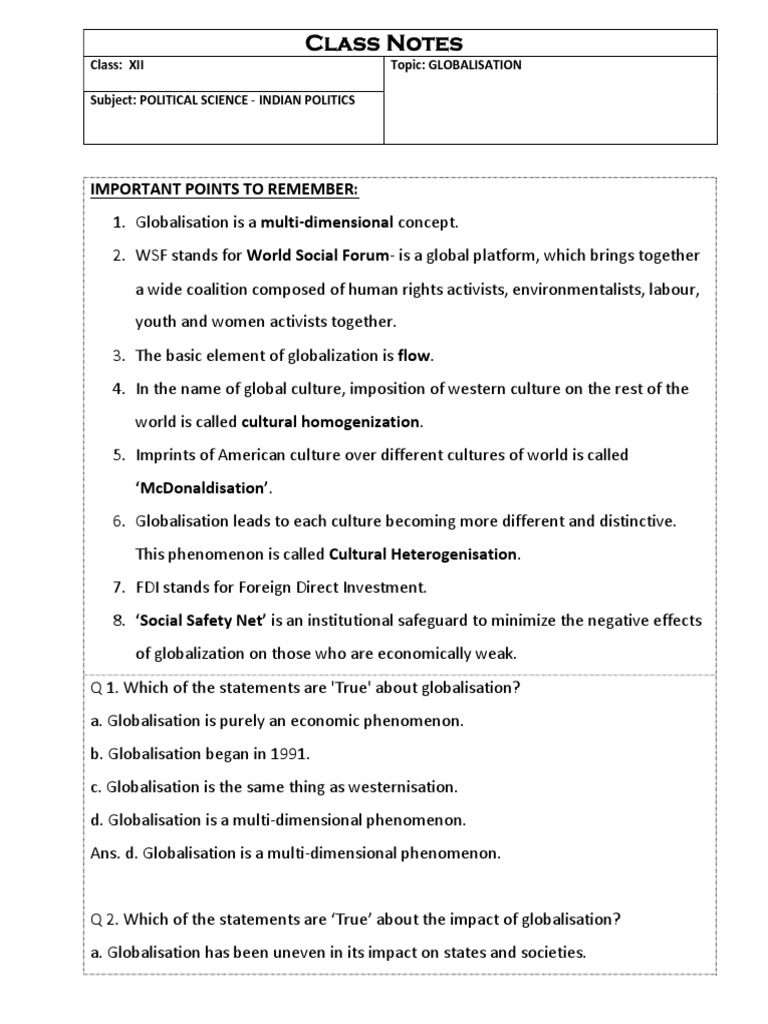Class Notes: Class: XII Topic: Globalisation Subject: Political Science ...