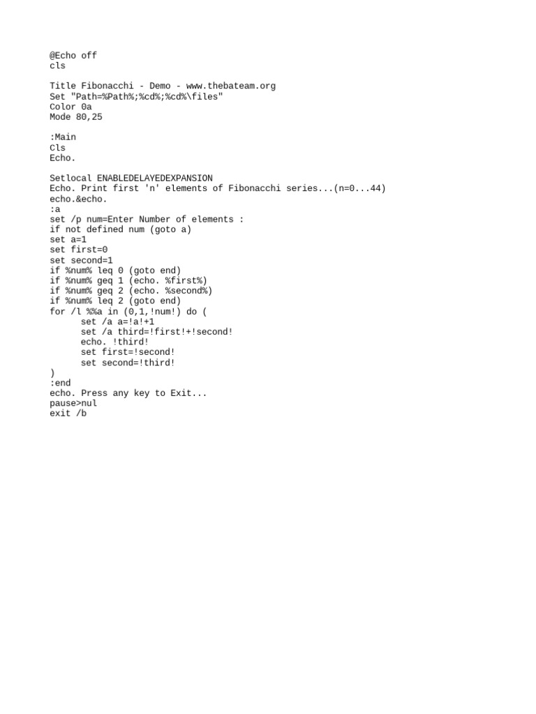 Fibonacci Series Batch Script | PDF
