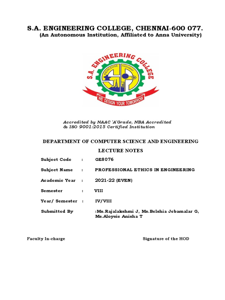 S.A. Engineering College, Chennai-600 077.: (An Autonomous Institution ...