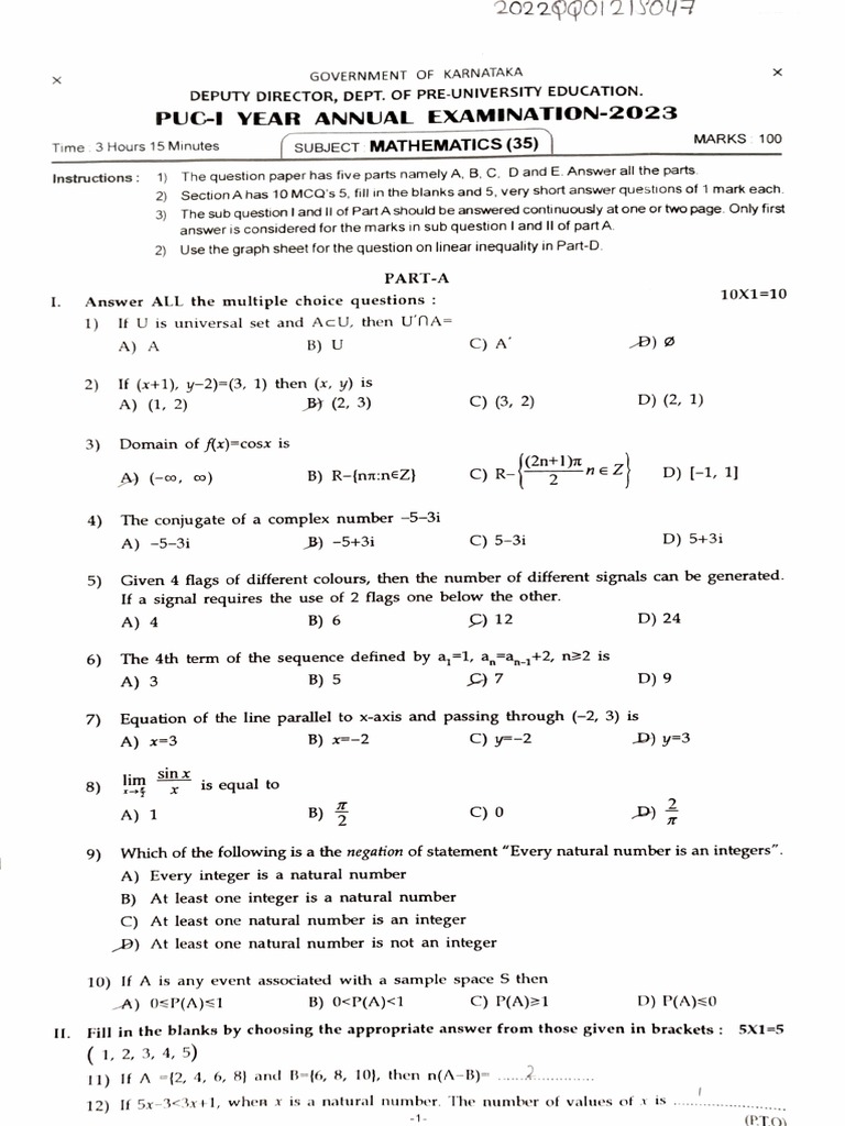 Mathematics Annual Examination Question Paper for PUC 1st Year with Details on Sections ...