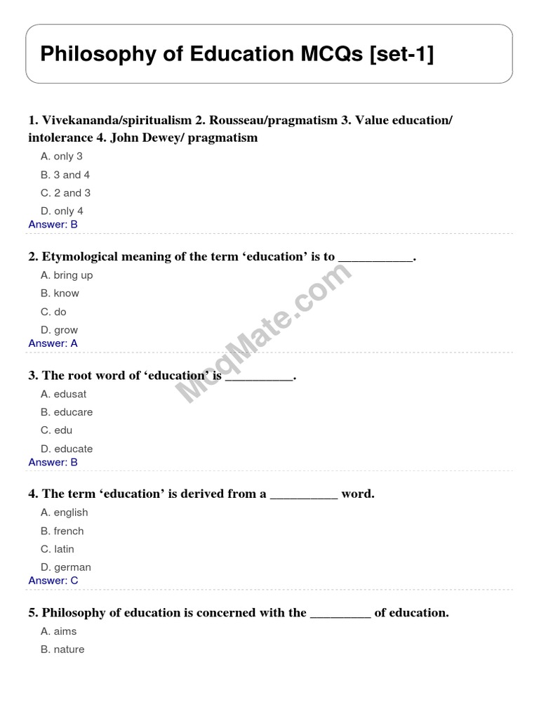 Philosophy of Education MCQs Set 1 | PDF | Idealism | Philosophical Realism