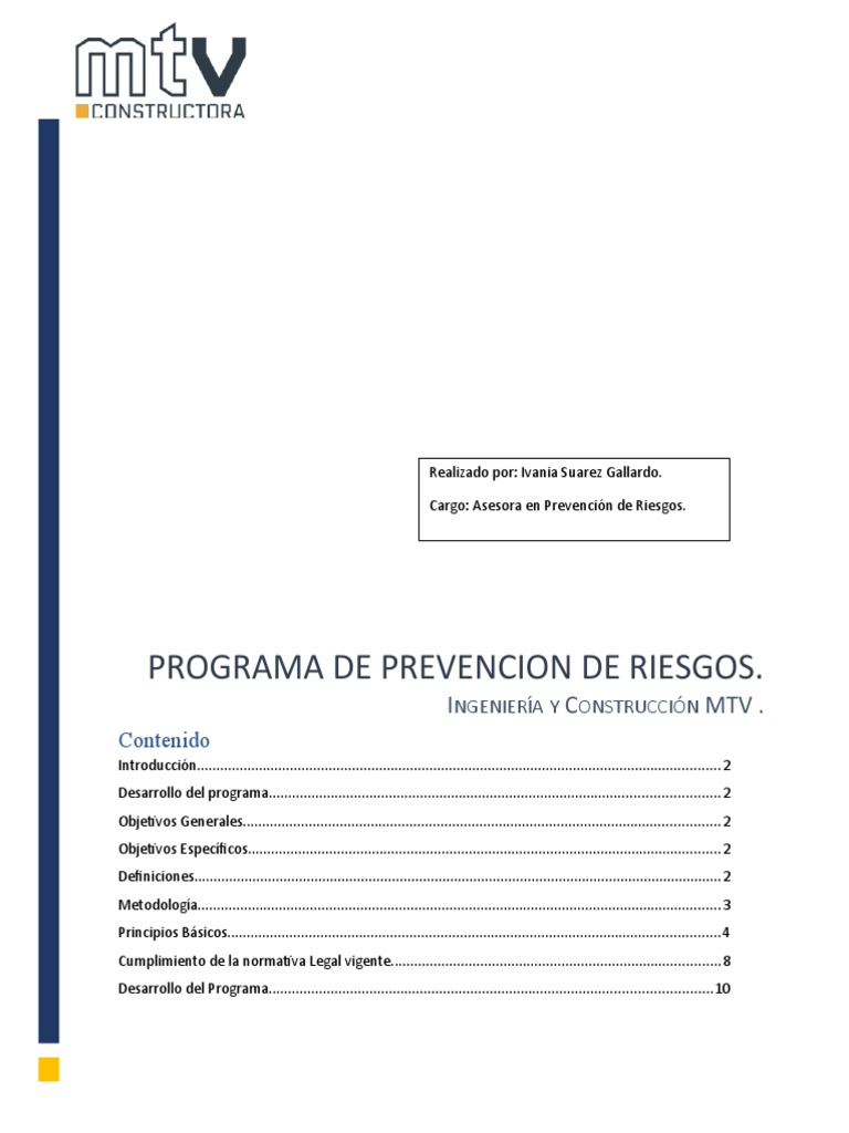 Programa de Prevencion de Riesgos MTV | PDF | Seguridad y salud ocupacional | Riesgo