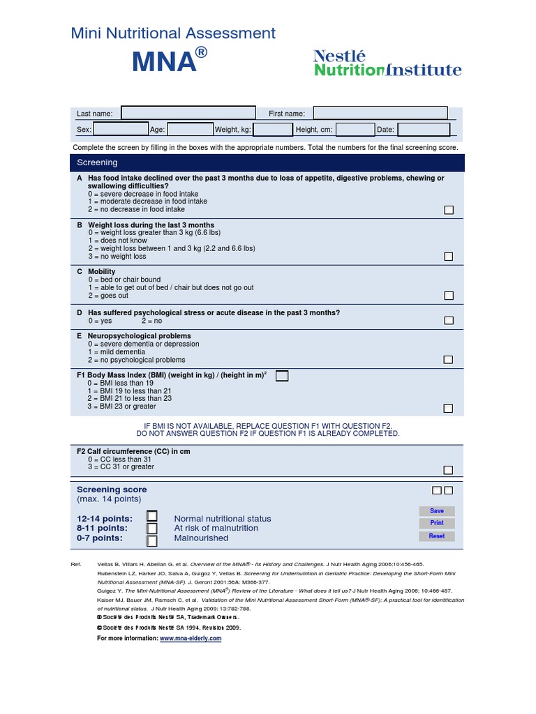 Mna Mini English | PDF | Body Mass Index | Malnutrition