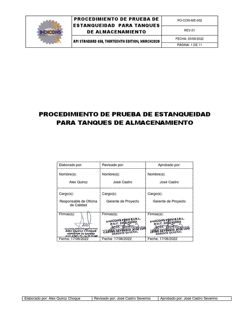 Po-Con-Me-002 Procedimiento de Prueba de Estanqueidad Tanques | PDF | Sistema de manejo de ...