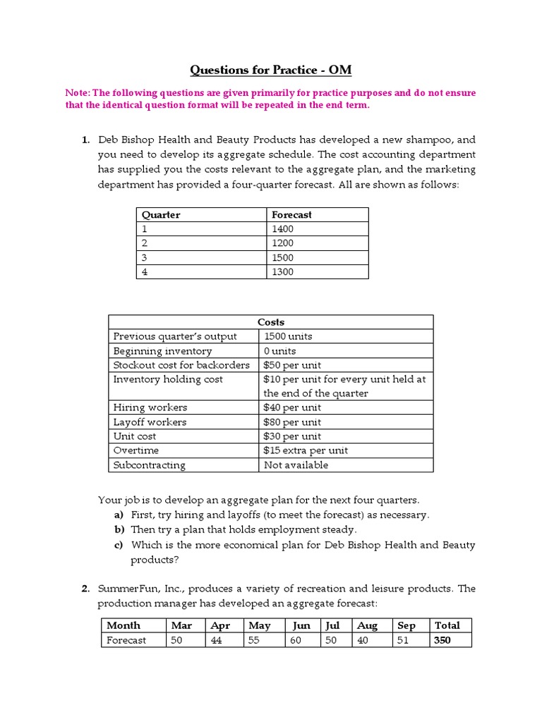 Questions For Practice | PDF | Forecasting | Inventory