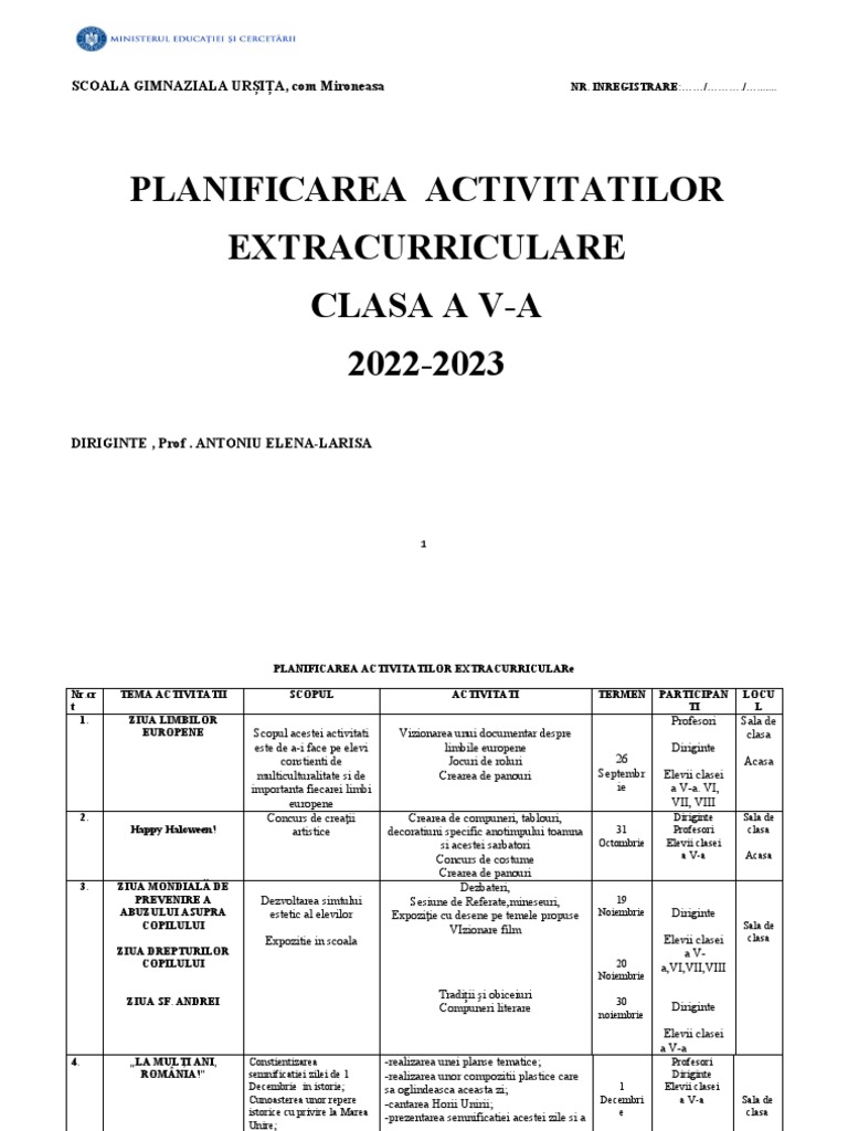 Planificarea Activitatilor Extracurriculare Clasa A V-A 2022-2023 | PDF