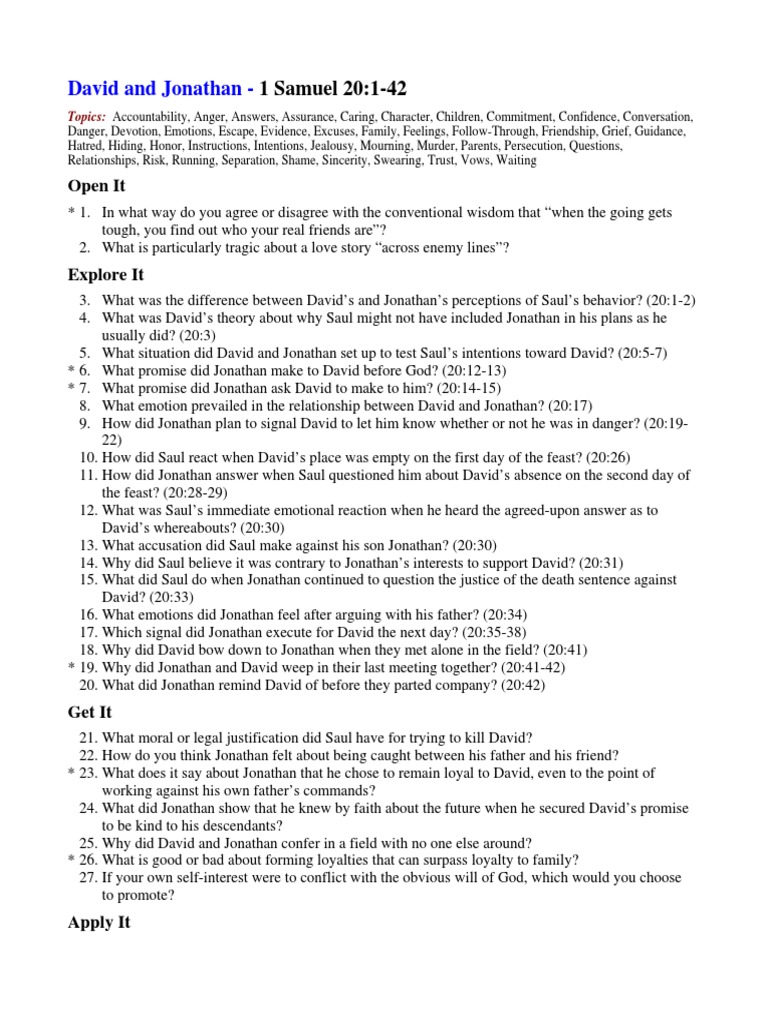 David and Jonathan - : 1 Samuel 20:1-42 | PDF | Politics | Wellness