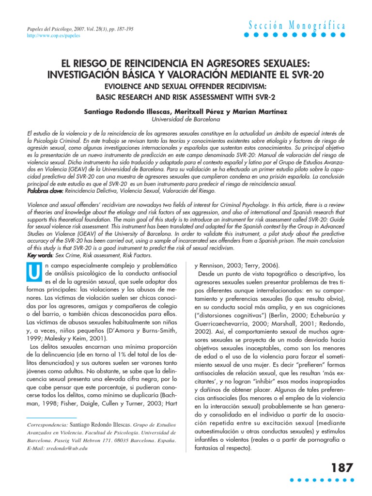 El Riesgo de Reincidencia en Agresores Sexuales: Investigación Básica Y Valoración Mediante El ...