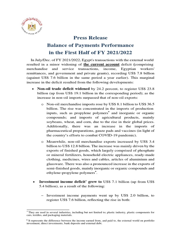 Press Release Balance of Payments Performance in The First Half of FY 2021-2022 | PDF | Balance ...