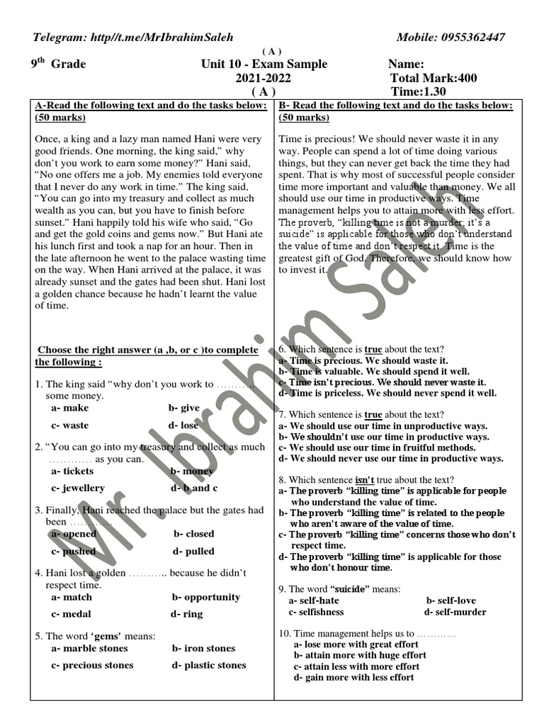 9th - Unit 10-Exam Sample A | PDF