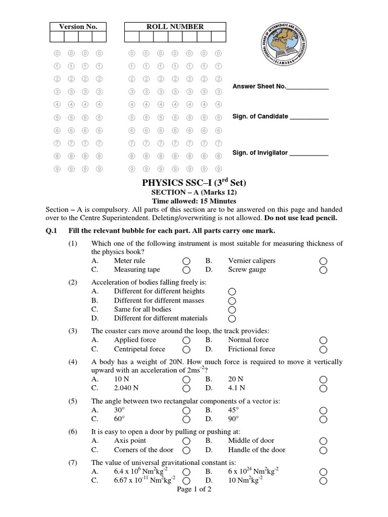 Physics SSC-I - (3rd Set) | PDF | Force | Density