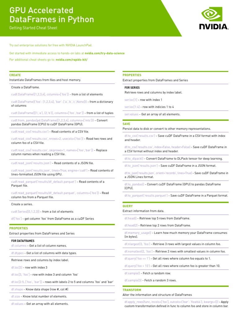 Accelerated Data Science Getting Started Cheat Sheet Cudf 2003937 r4 | PDF | Comma Separated ...