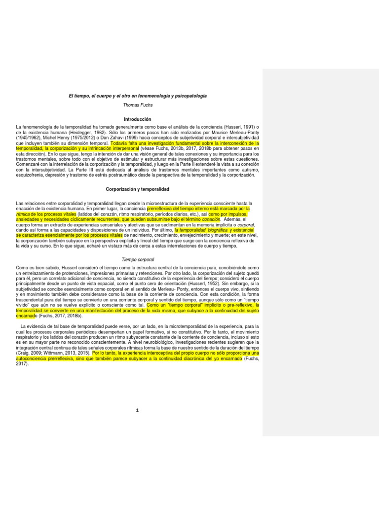 El Tiempo, El Cuerpo y El Otro en Fenomenología y Psicopatología - Fuchs | PDF | Espectro ...