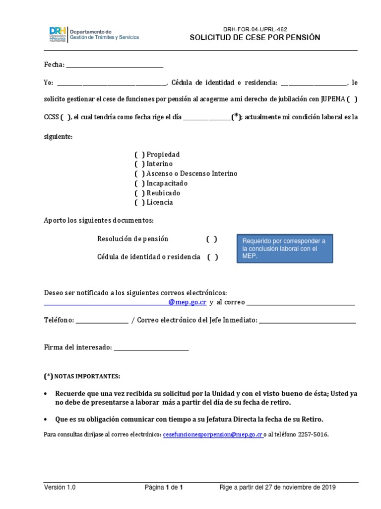 FORMULARIO DRH FOR 04 UPRL 462 Solicitud de Cese Por Pension | PDF