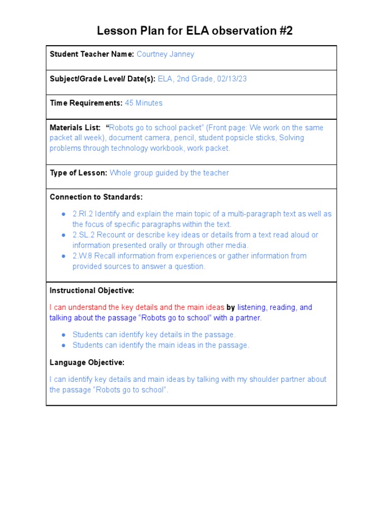 Lesson Plan For Ela Observation-Janney | PDF | Lesson Plan ...