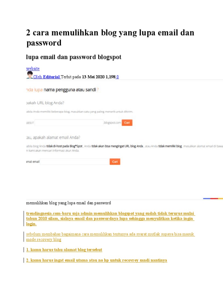 Cara Memulihkan Blog Lupa Email dan Sandi | PDF