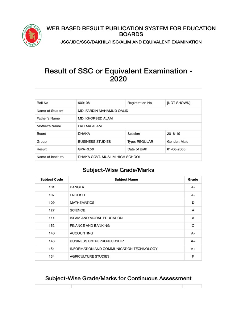 Result of SSC or Equivalent Examination - 2020: Web Based Result ...