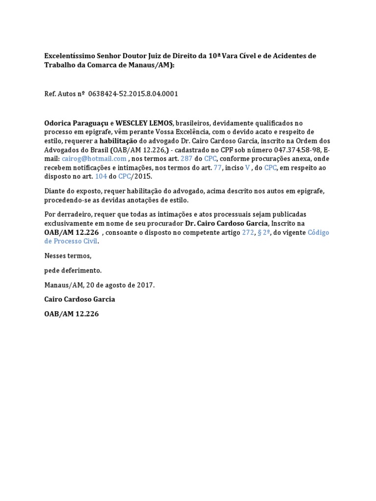 Modelo Requerer Habilitacao Do Advogado No Processo | PDF