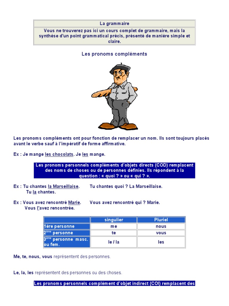 Grammaire - Les Pronoms Complements | PDF | Complément d'objet | Genre ...
