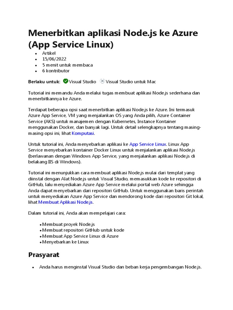 Menerbitkan Aplikasi Node - Js Ke Azure (App Service Linux) | PDF