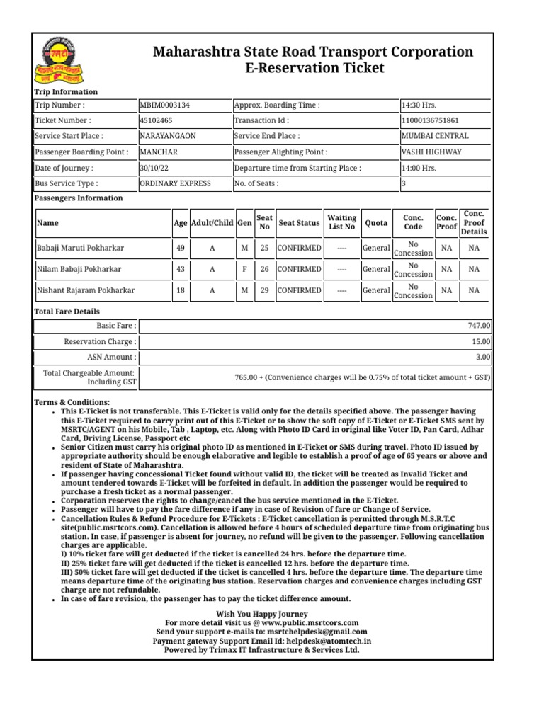 MSRTC - Online Reservation System | PDF | Fare | Identity Document