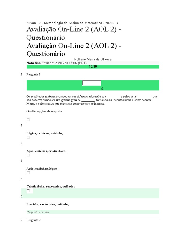 Alo 2 Met Matematica Polly | PDF | Matemática | Aprendizado