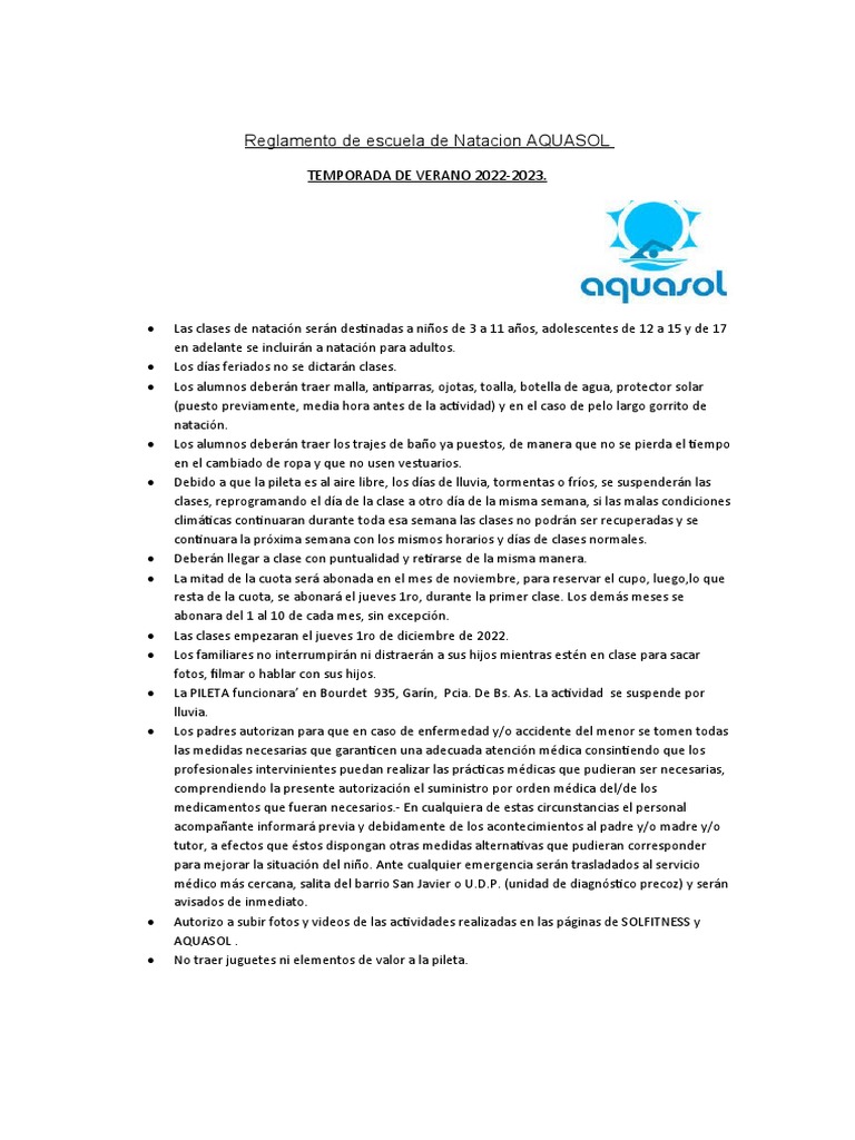 Reglamento de Escuela de Natacion AQUASOL-1 | PDF | Nadando