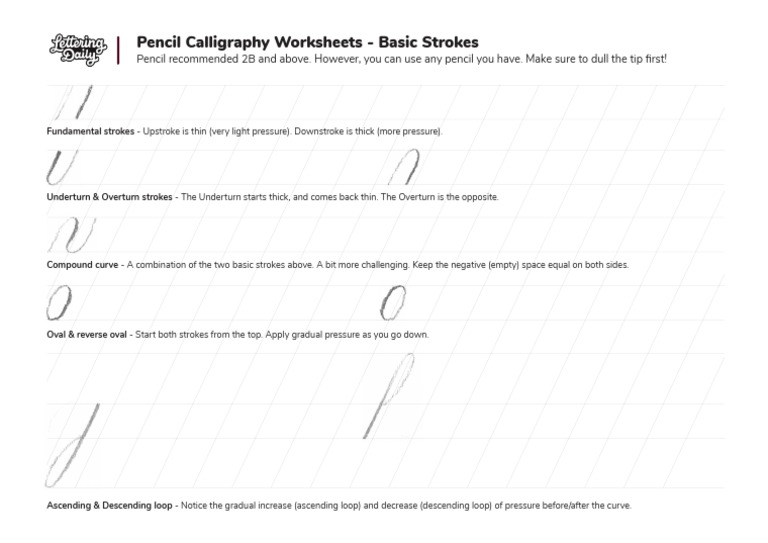 Pencil Calligraphy Worksheets - Basic Strokes - Lettering Daily | PDF