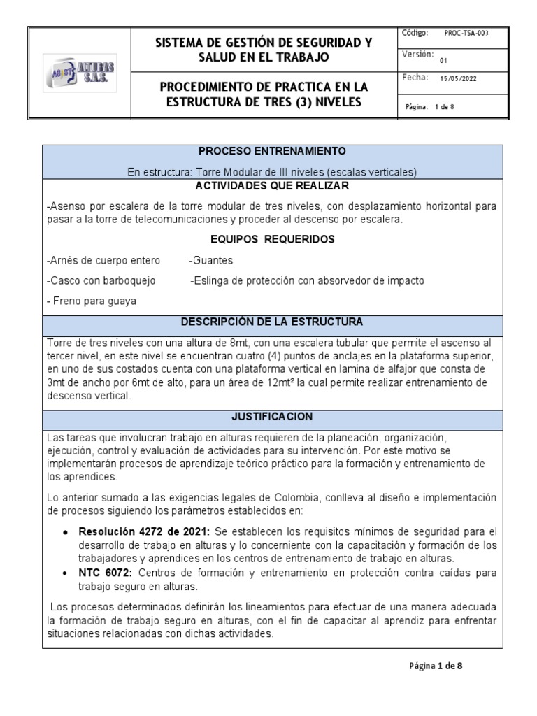 PROC-TA-003 Procedimiento Practica Escalas Verticales Ascenso y Descenso Con Paso Del Oso | PDF ...