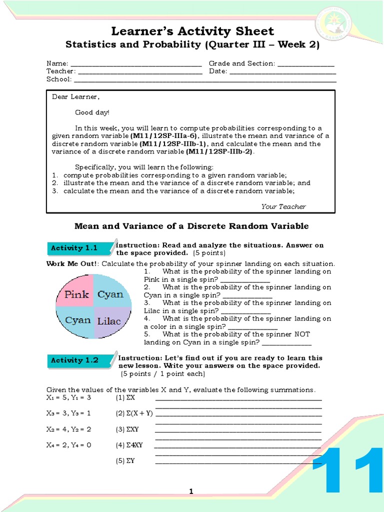 Learner's Activity Sheet: Statistics and Probability (Quarter III ...