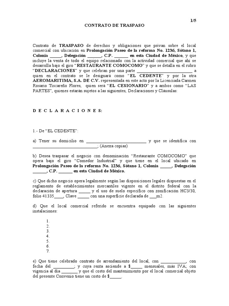 Contrato de Traspaso | PDF | Propiedad | Sociedad de responsabilidad ...