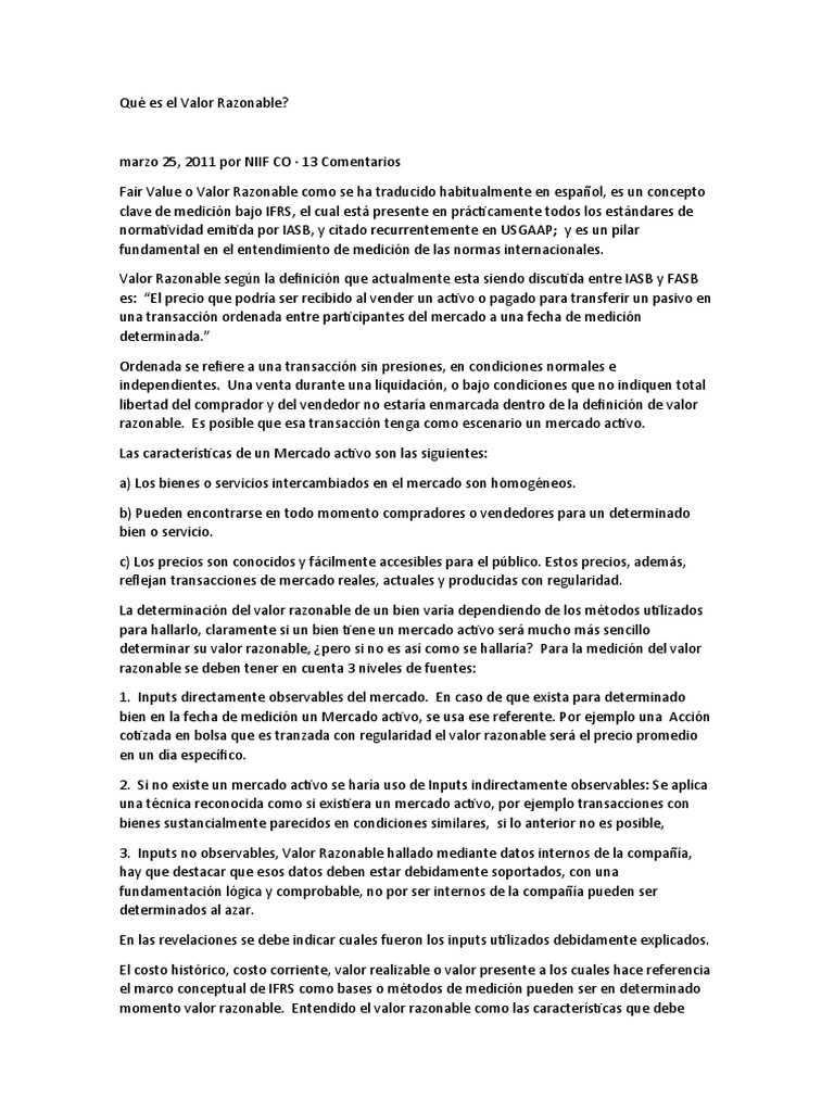 Definición y Medición del Valor Razonable | PDF | Mercado (economía ...