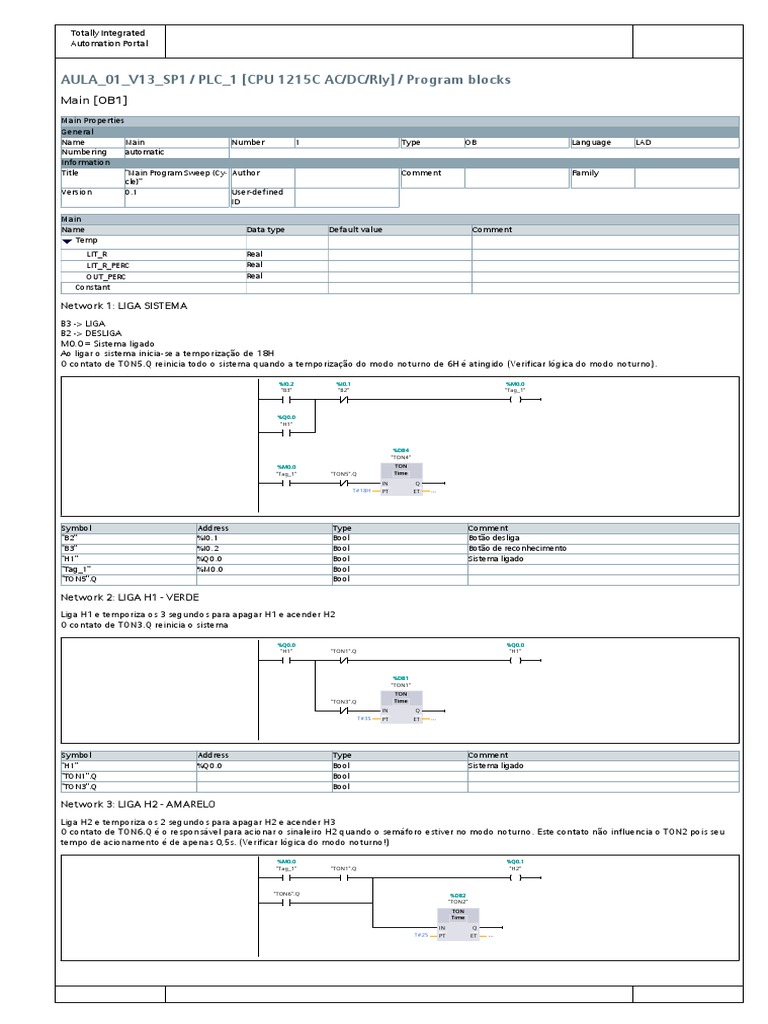 AULA - 01 - V13 - SP1 / PLC - 1 (CPU 1215C AC/DC/Rly) / Program Blocks | PDF