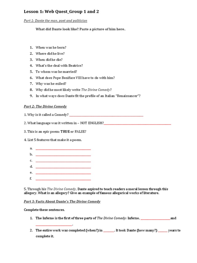 DANTE'S INFERNO - Lesson 1 - Webquest - Group 1 and 2 | PDF | Divine ...