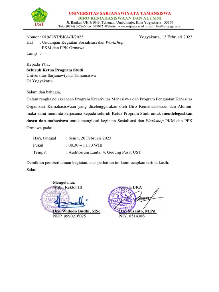 Undangan Kegiatan Sosialisasi Dan Workshop PKM PPKO UST | PDF | Sains ...
