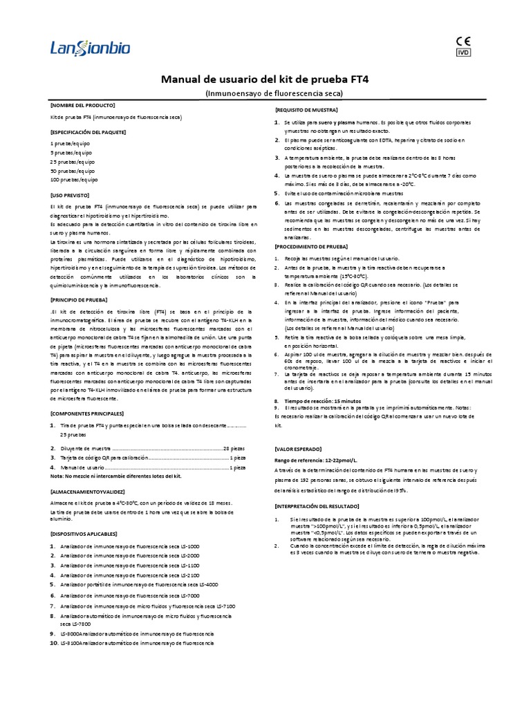 Manual del Kit de Prueba FT4 | PDF | Tiroides | Hormona estimulante de ...