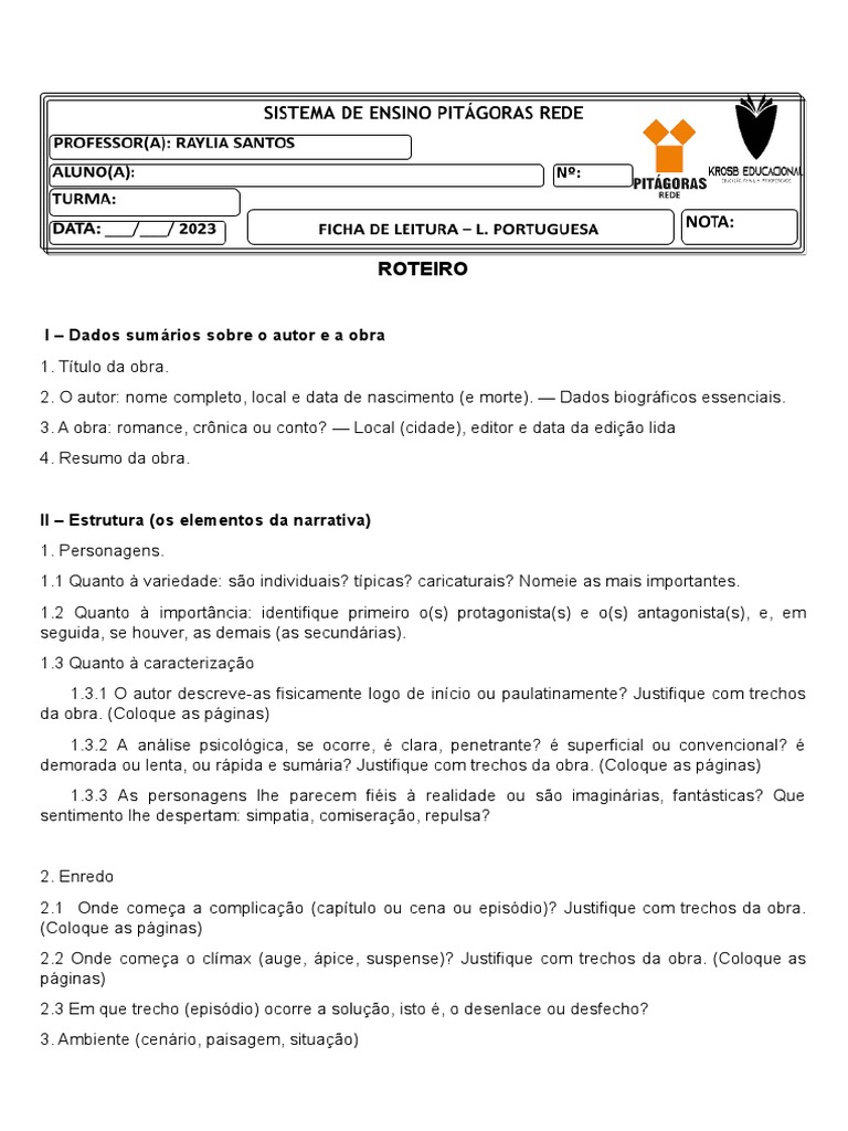 MODELO FICHA DE LEITURA 8 Ano | PDF | Narrativa | Autor