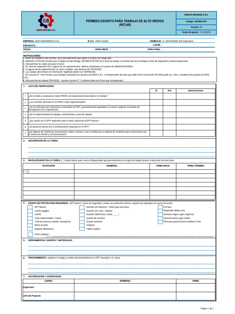 SSOMA-F05 Permiso Escrito para Trabajo de Alto Riesgo (PETAR) V6 | PDF