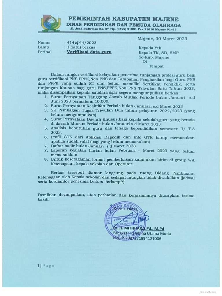 Surat Pemberkasan TPG, TKG, Tamsil Triwulan 1 2023 | PDF