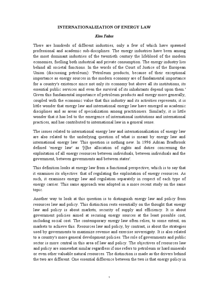 Internationalization of Energy Law - Kim Talus | PDF | International ...
