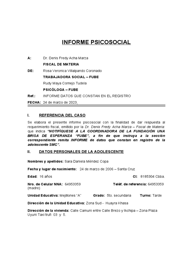 Informe Psicosocial - SARA MENDEZ FIN | PDF | Las emociones | Sicología