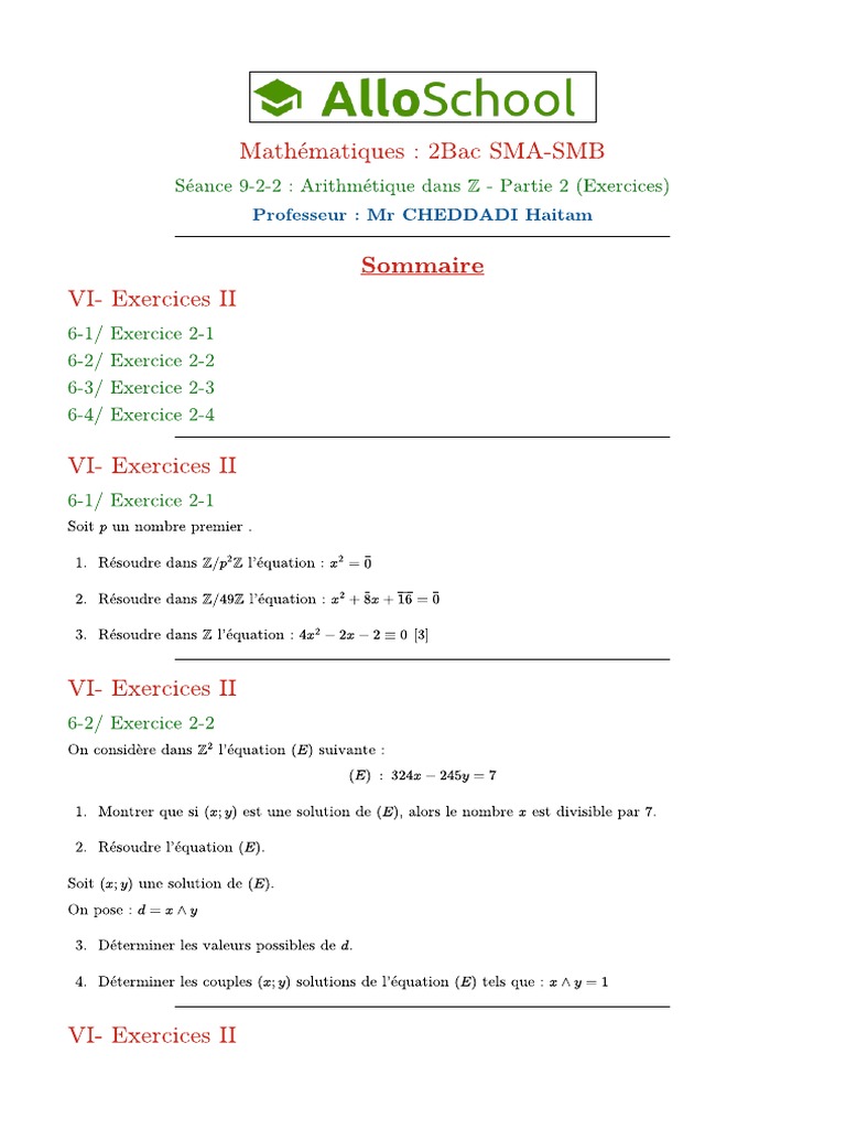Seance 9 2 2 Arithmetique Dans Z Partie 2 Exercices 2 | PDF
